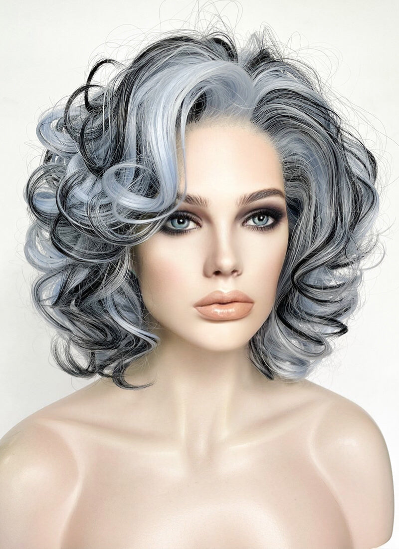 Pastel Blue Mixed Black Curly Lace Front Synthetic Hair Wig WigIsFashion Wig Is Fashion